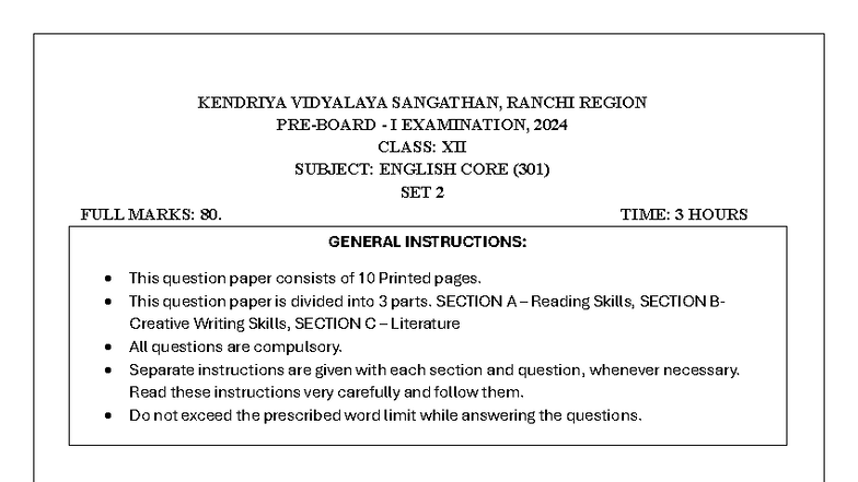 KVS Ranchi Region Class XII English Core (301) Exam Paper 2024 - Studocu