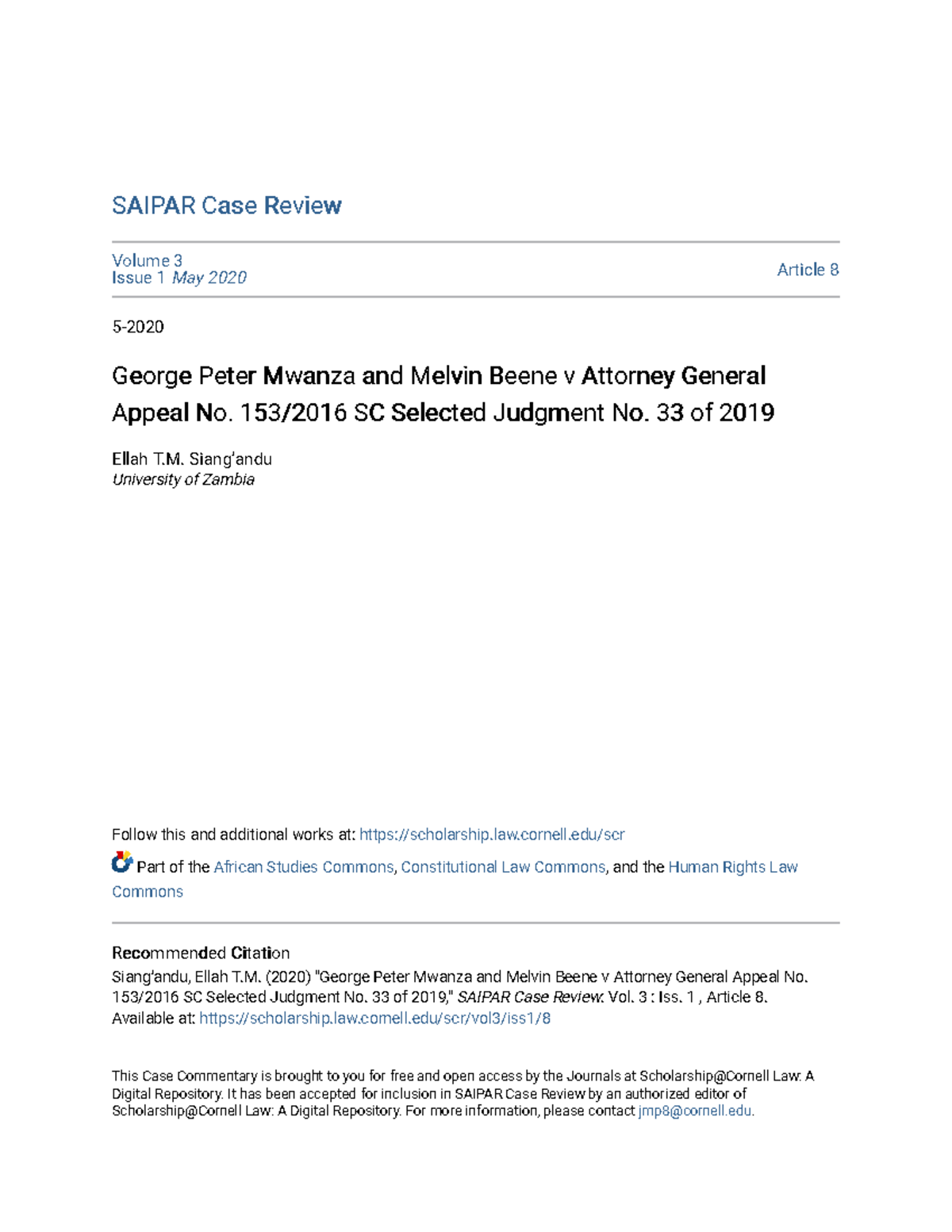 SAIPAR Case Review: Mwanza & Beene v Attorney General (SC Judgement 33/ ...