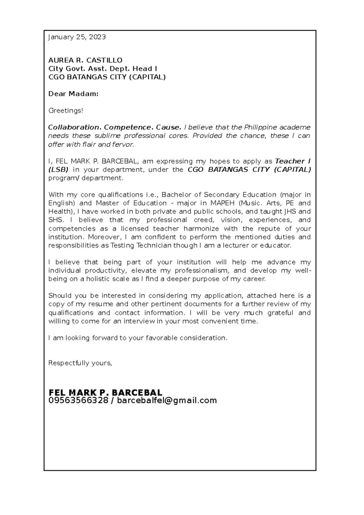 CSC Letter of Application for Teacher I Position - Fel Mark Barcebal ...