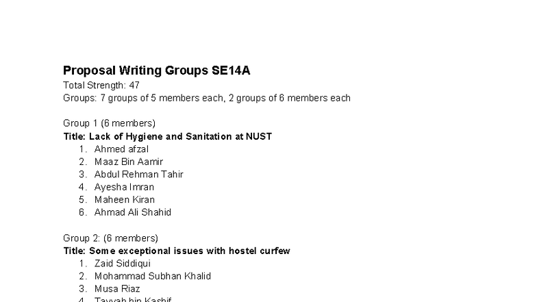 Proposal Writing Groups SE14A: Group Titles and Members List - Studocu