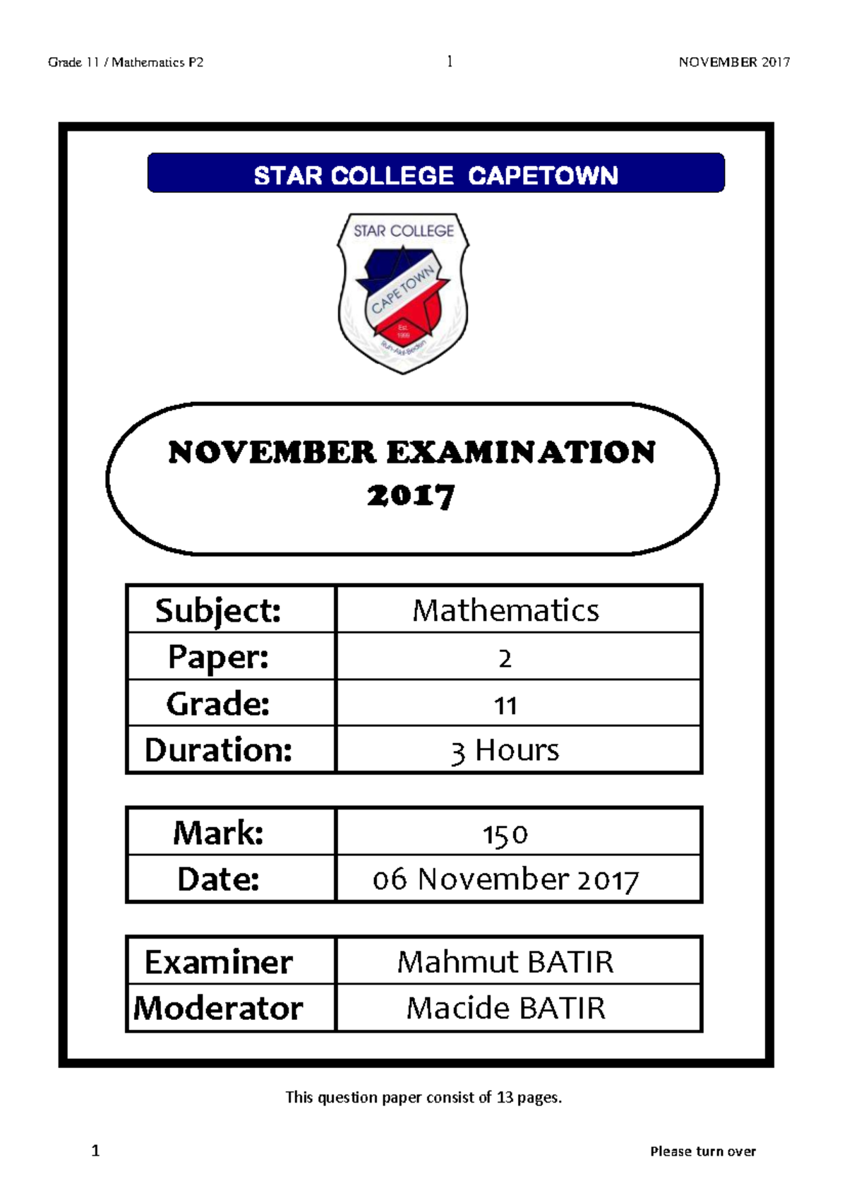 Grade 11 Mathematics P2 Final Exam November 2017 Past Paper - Studocu