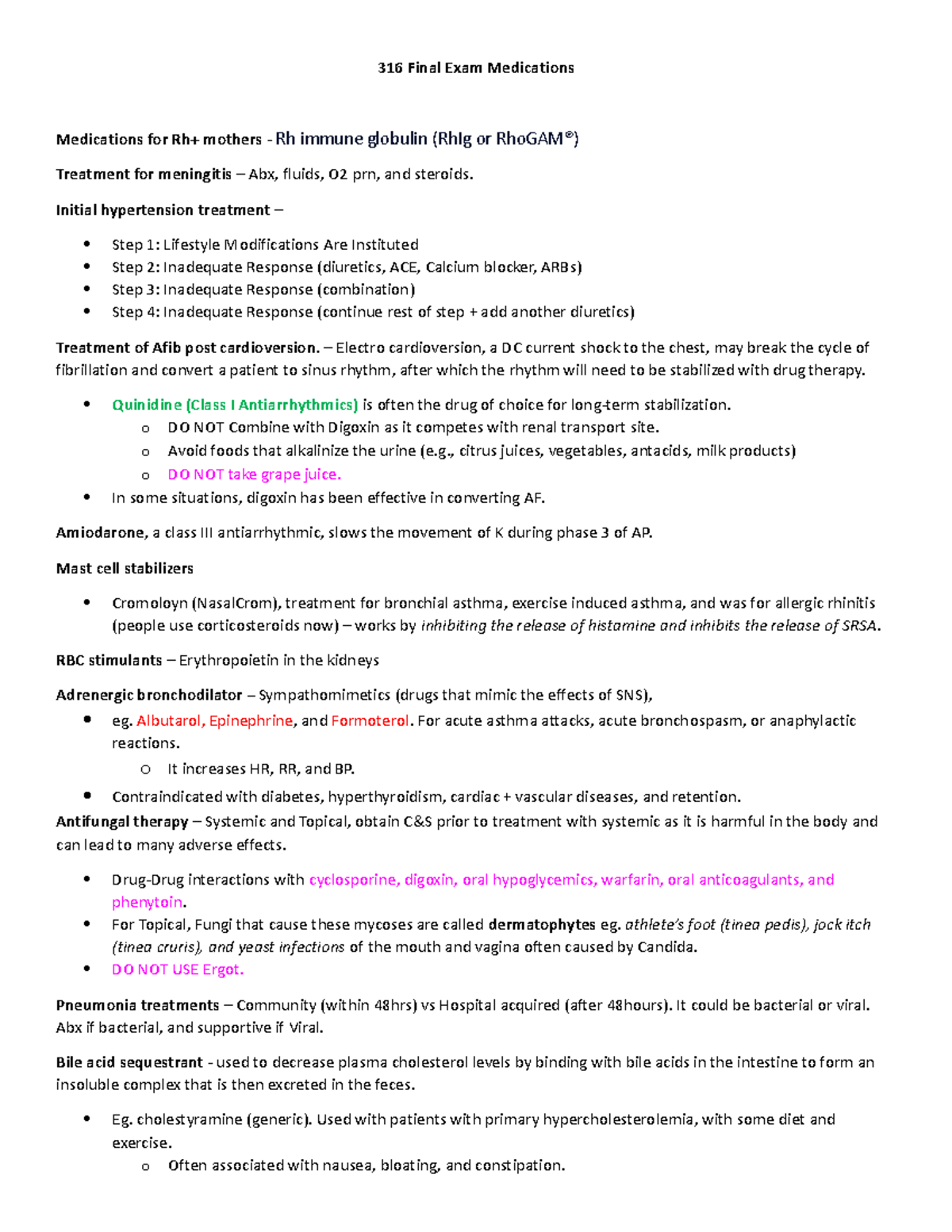 Medications Study Guide for Nurse 316 Final Exam Review - Studocu