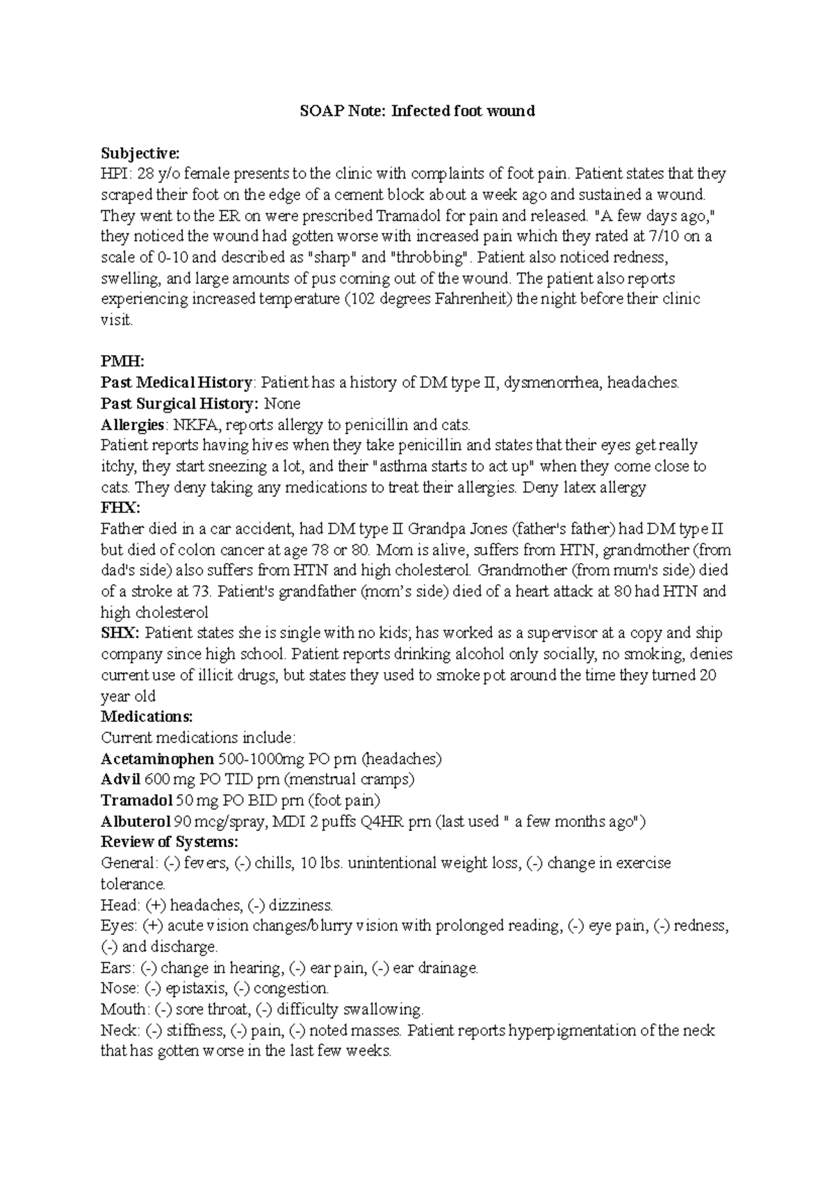 Shadow Health Nurs7580 SOAP Note Tina Jones - SOAP Note: Infected foot ...