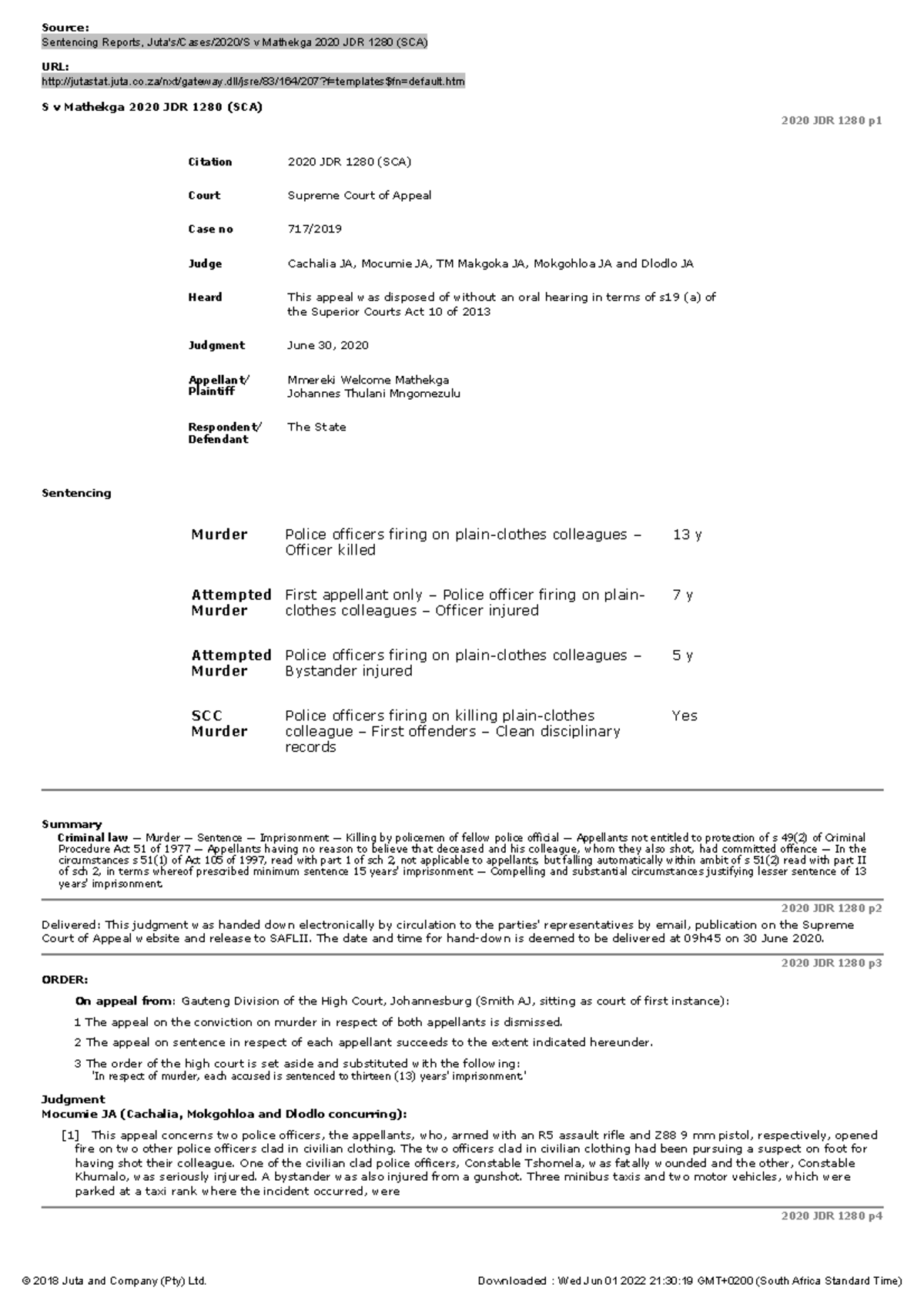 **Sentencing Summary in S v Mathekga 2020 JDR 1280 (SCA)** - Studocu