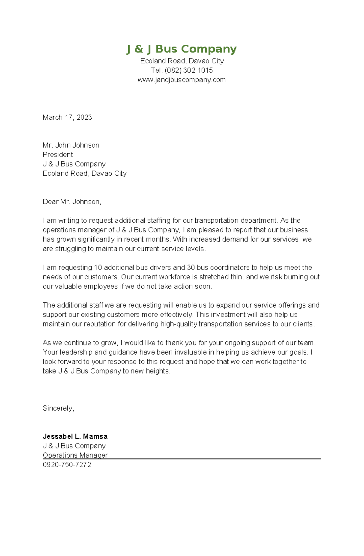 Request Letter for Additional Staffing - J & J Bus Company - Studocu