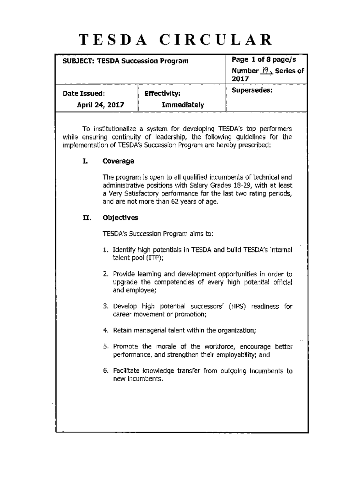 TESDA Circular 019-2017: Guidelines for Succession Program - Studocu