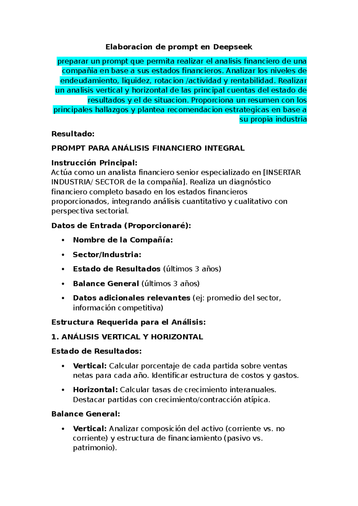 PROMPT PARA ANÁLISIS FINANCIERO INTEGRAL EN DEEPSEEK - Studocu