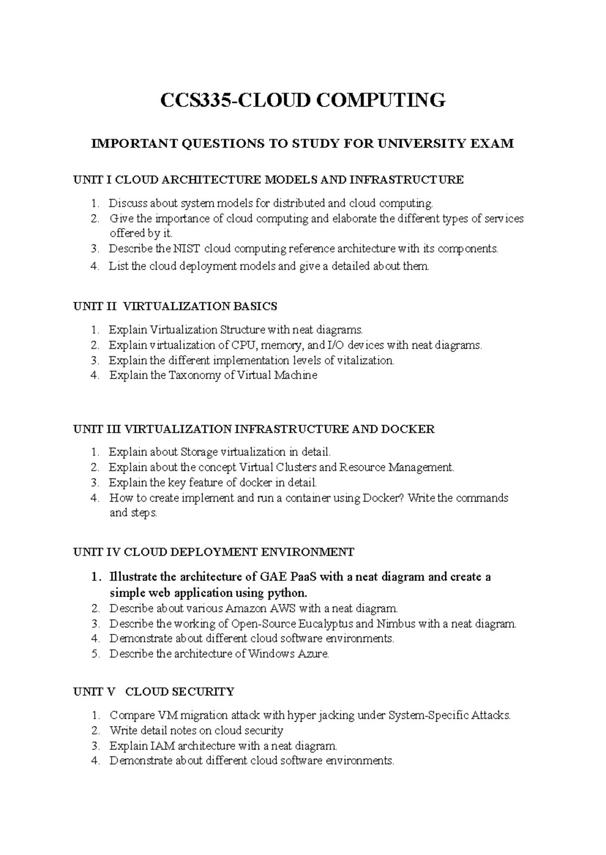 CCS335 - Study Questions for University Exam on Cloud Architecture & - Studocu