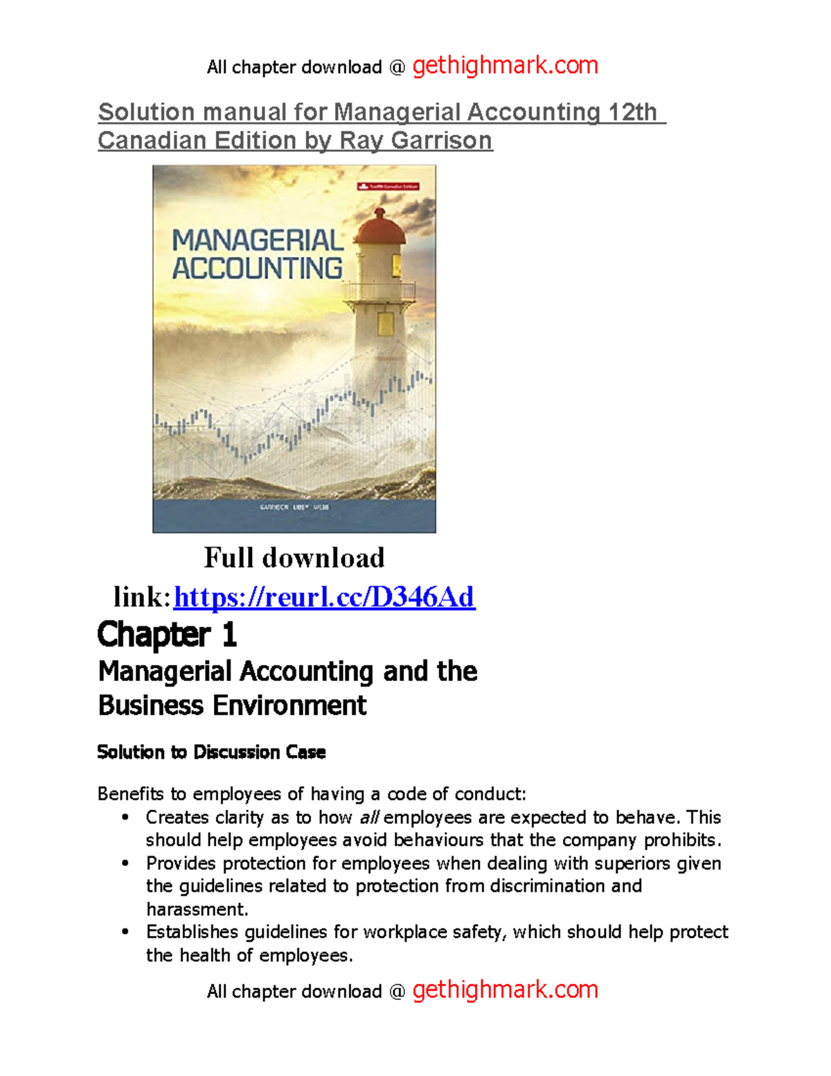 Solution manual for Managerial Accounting 12th Canadian Edition by Ray Garrison - All chapter ...