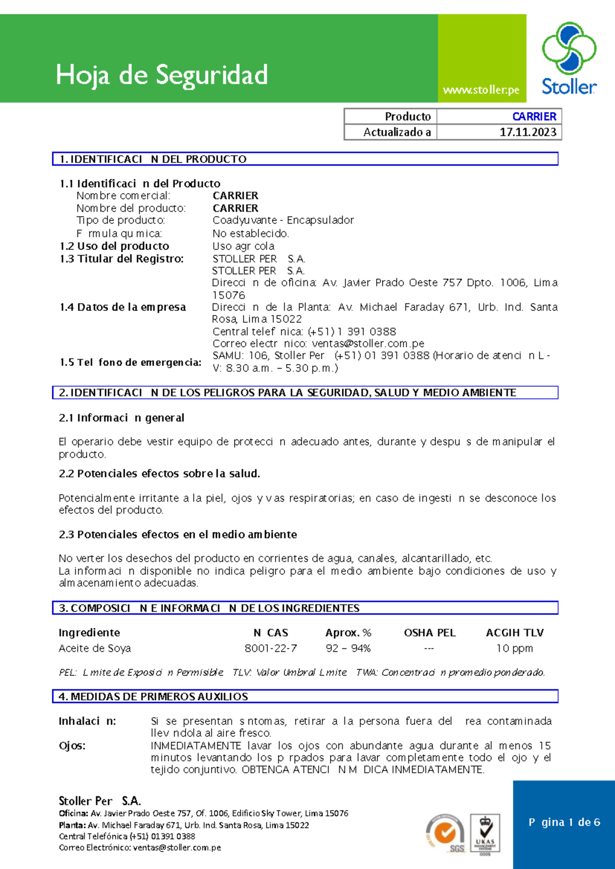 HDS-Carrier: Hoja de Seguridad Actualizada al 17.11.2023 - Studocu