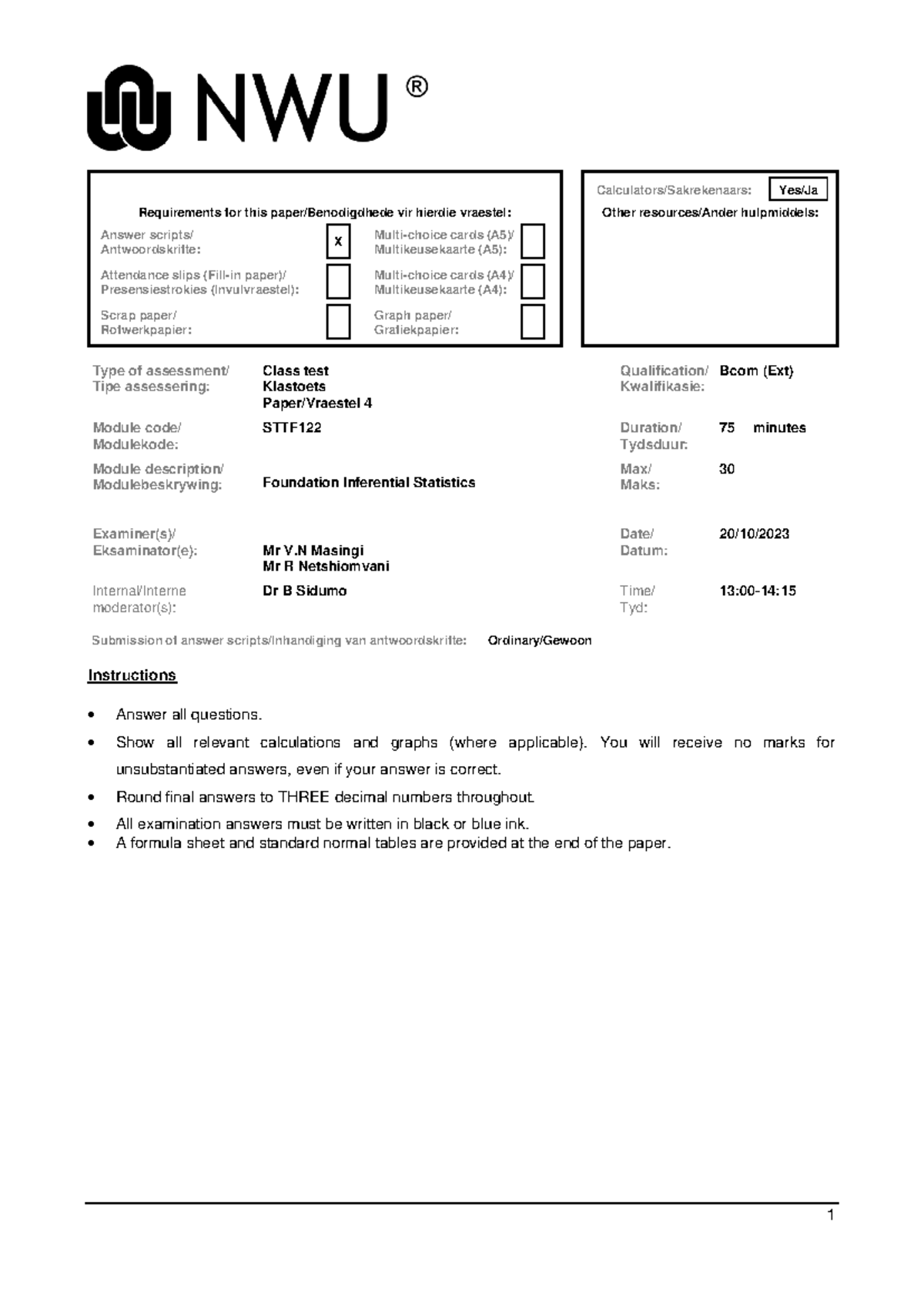 STTF122 Class Test 4: Inferential Statistics Requirements 2023 - Studocu