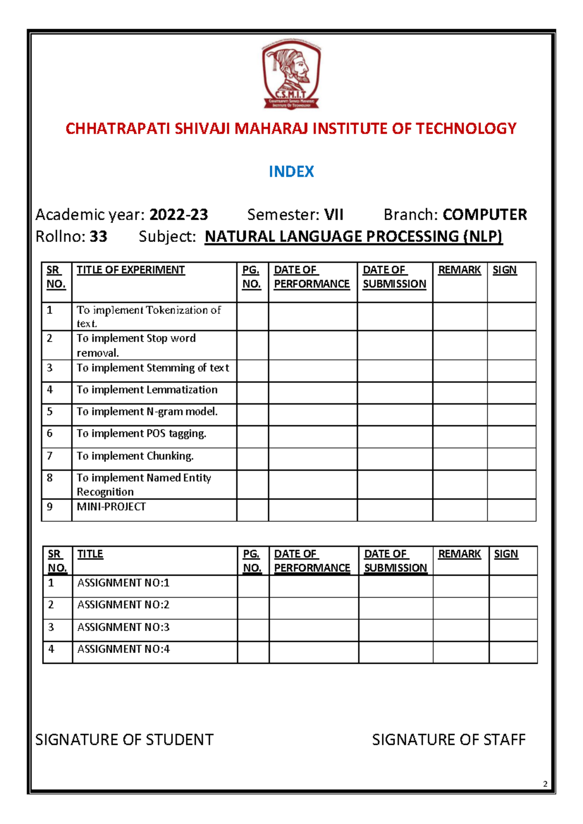 NLP Lab Manual - CS 2022-23 Sem VII Experiment & Assignment Overview - Studocu