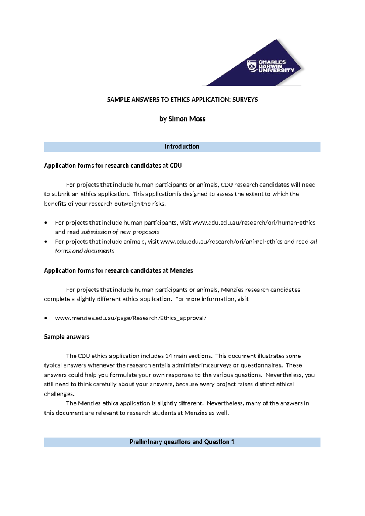 SAMPLE ANSWERS TO ETHICS APPLICATION: SURVEYS (CDU & Menzies) - Studocu