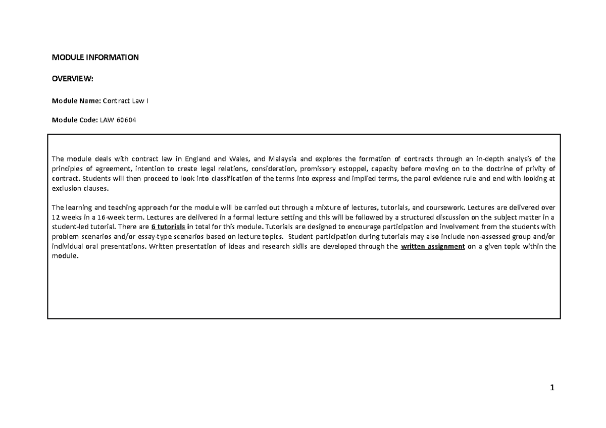 Module Information - Contract Law I - MODULE INFORMATION OVERVIEW ...