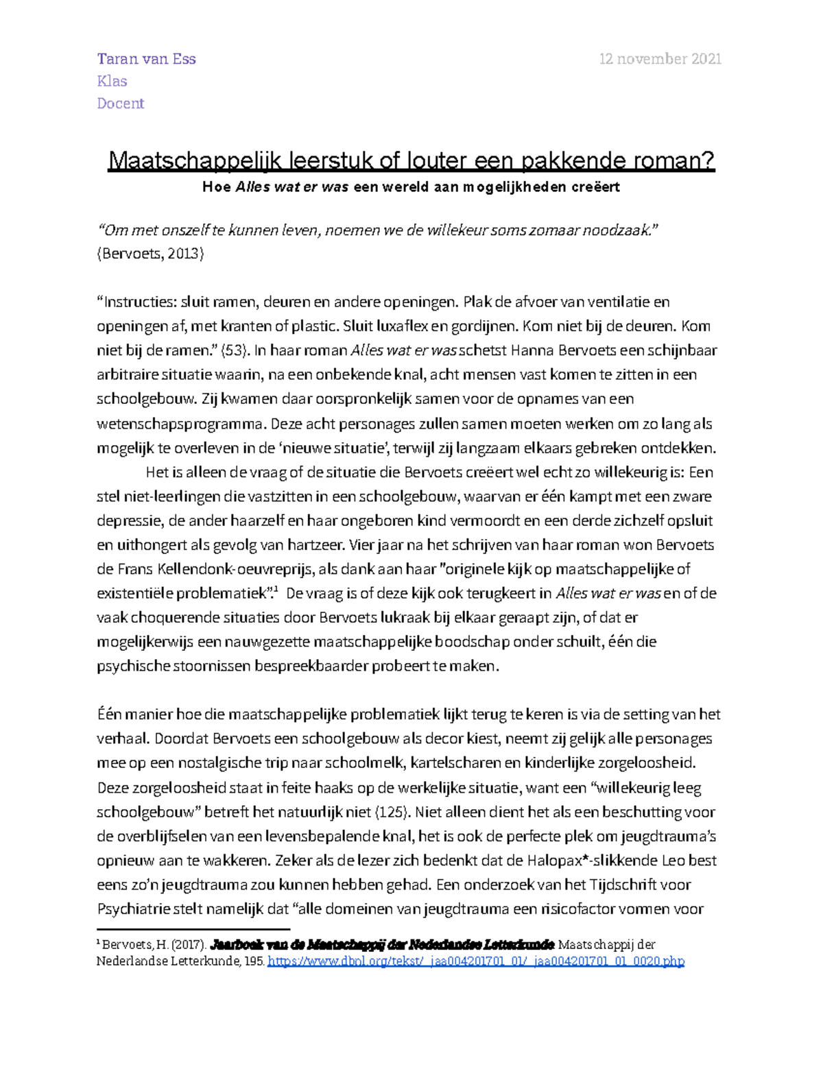 Beschouwing - Alles wat er was (Hanna Bervoets) - Taran van Ess 12 ...