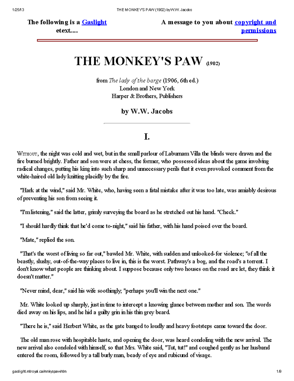 The Monkeys Paw (1902) - A Study of W.W. Jacobs' Classic Tale - Studocu