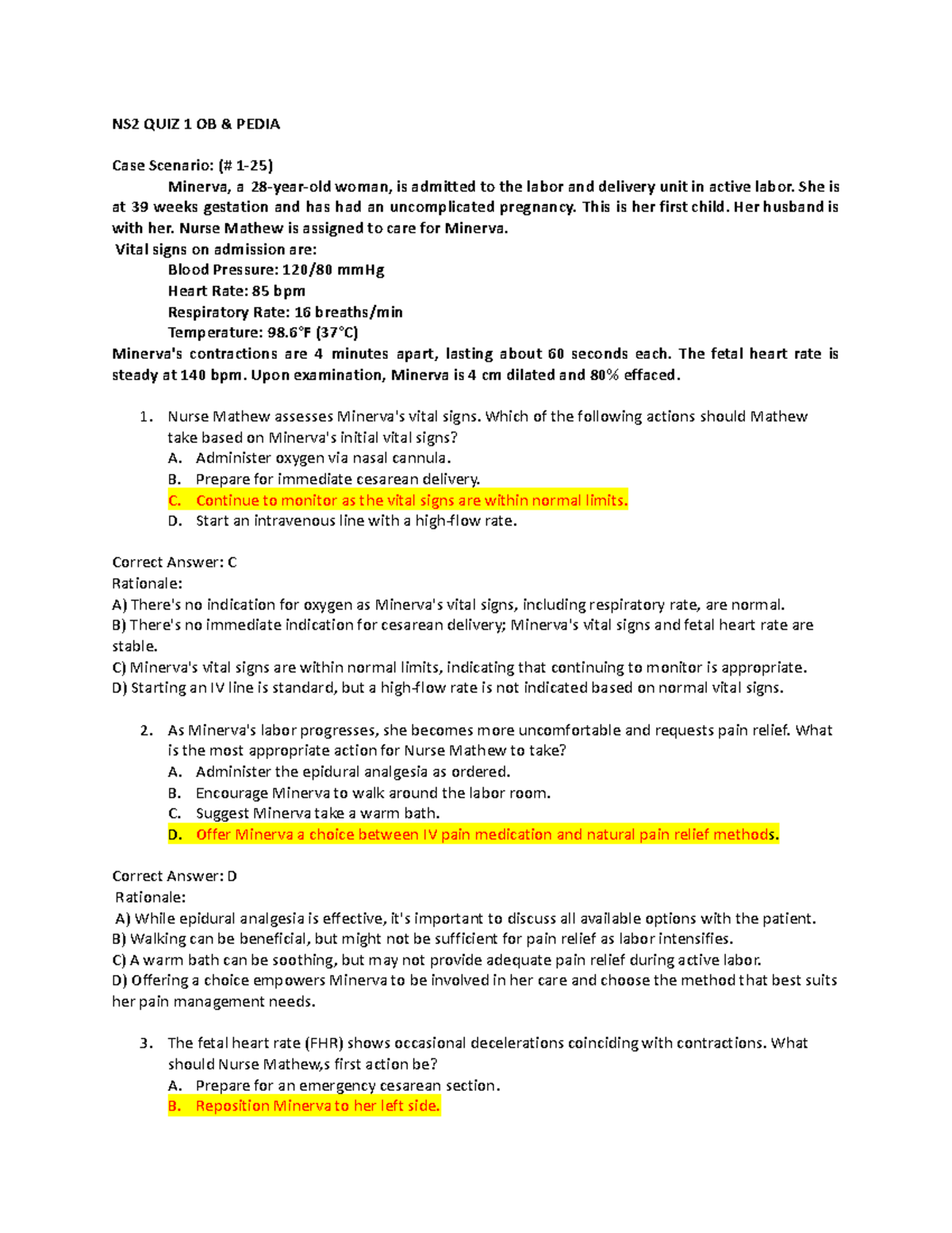 NS2 QUIZ 1 OB PEDIA: Labor and Delivery Case Scenarios and Nursing ...