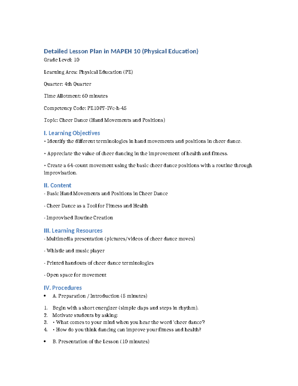 Lesson Plan: Cheer Dance in MAPEH 10 with Assessment Rubric - Studocu