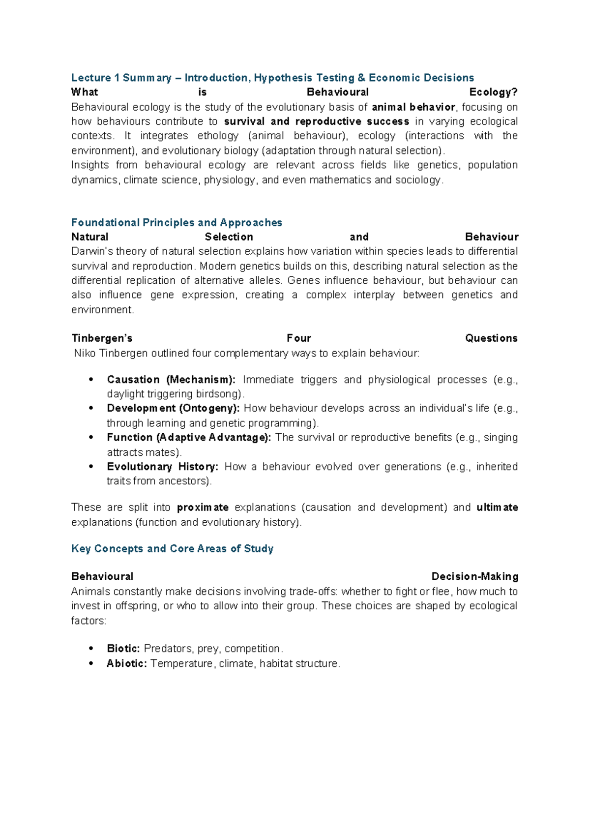 Lecture 1 Summary: Introduction to Behavioural Ecology and Hypothesis ...