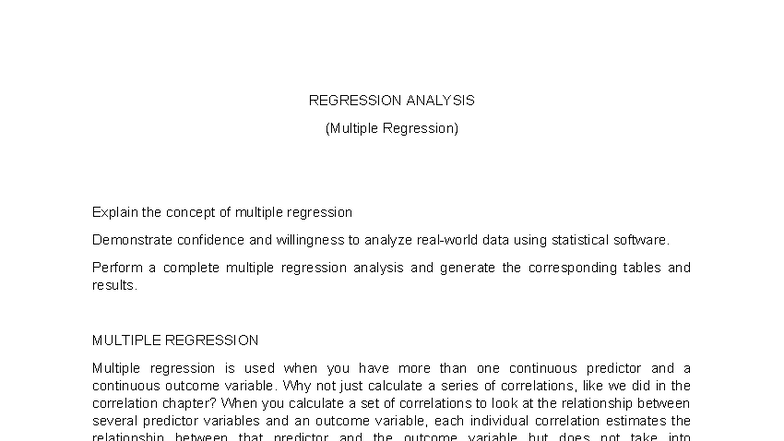 Multiple Regression Analysis (Course Code: REG 101) - Studocu