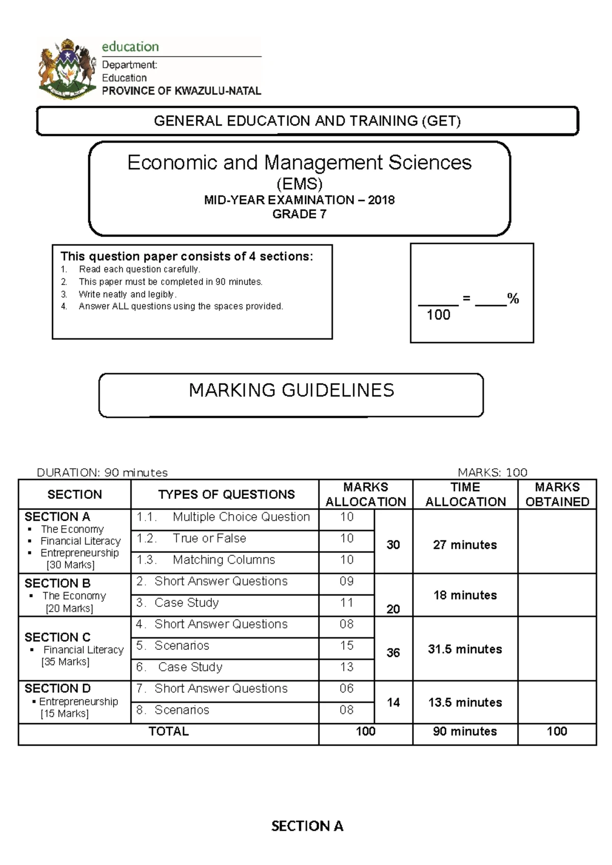Grade 8 JUNE Exemplar Question Paper 2022 - MARKS: 70 TIME: 1 hour This ...