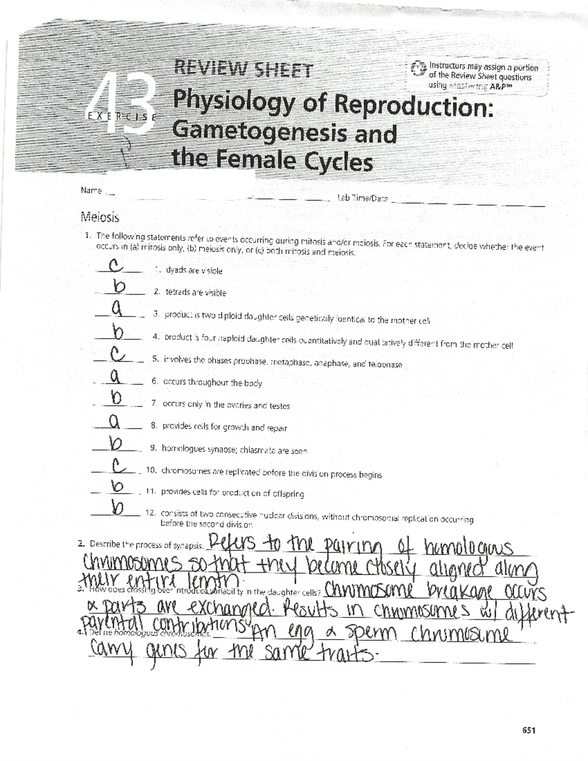Physiology of Reproduction Lab: Exercise 43 Review Sheet on ...