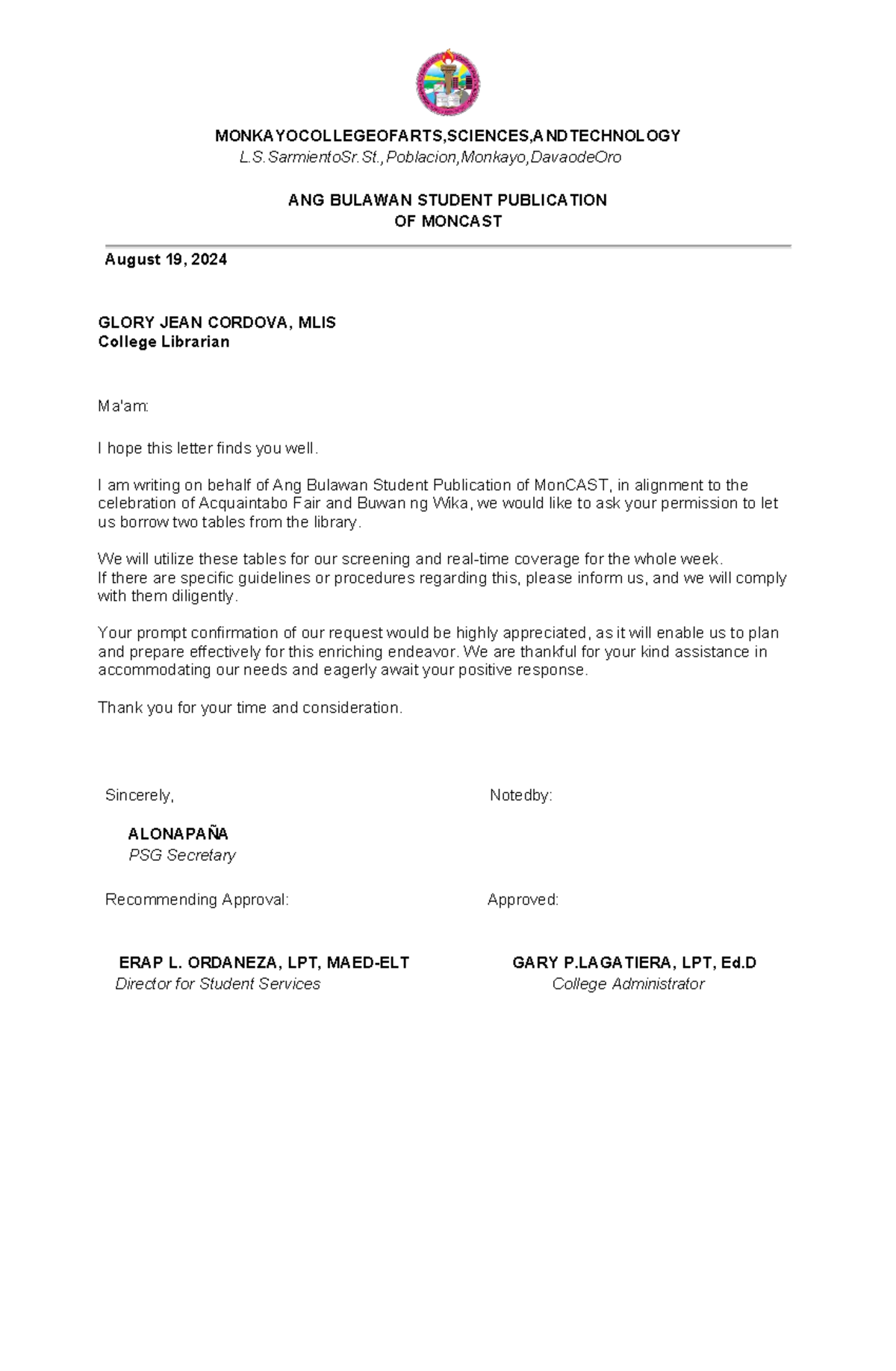 Letter of Request for Tables - Ang Bulawan Student Publication - Studocu