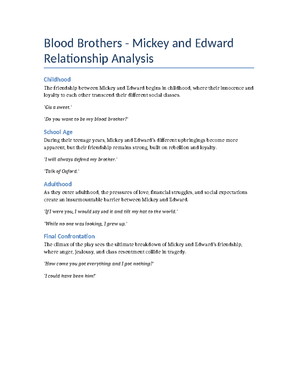 Blood Brothers Study Guide: Analysis of Mickey and Edward's ...