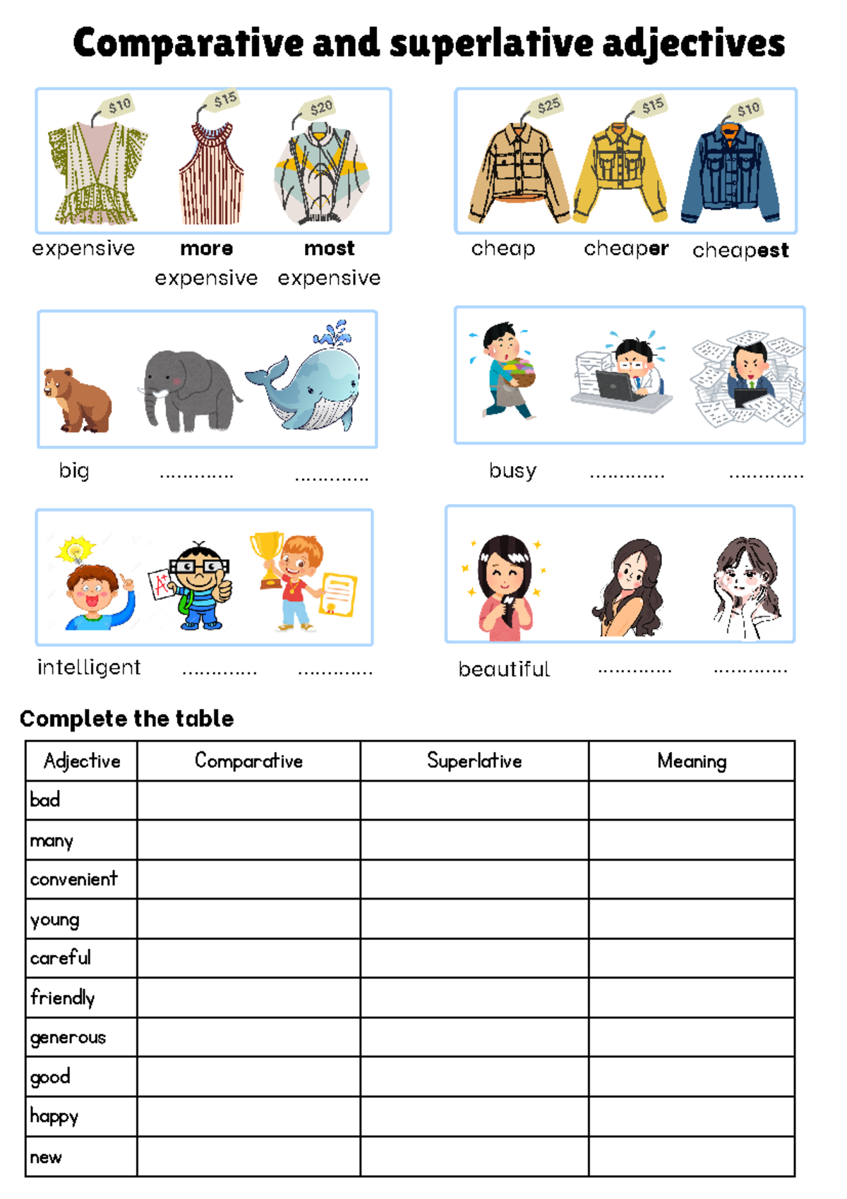 Comparision - Adjective Comparative Superlative Meaning bad many ...
