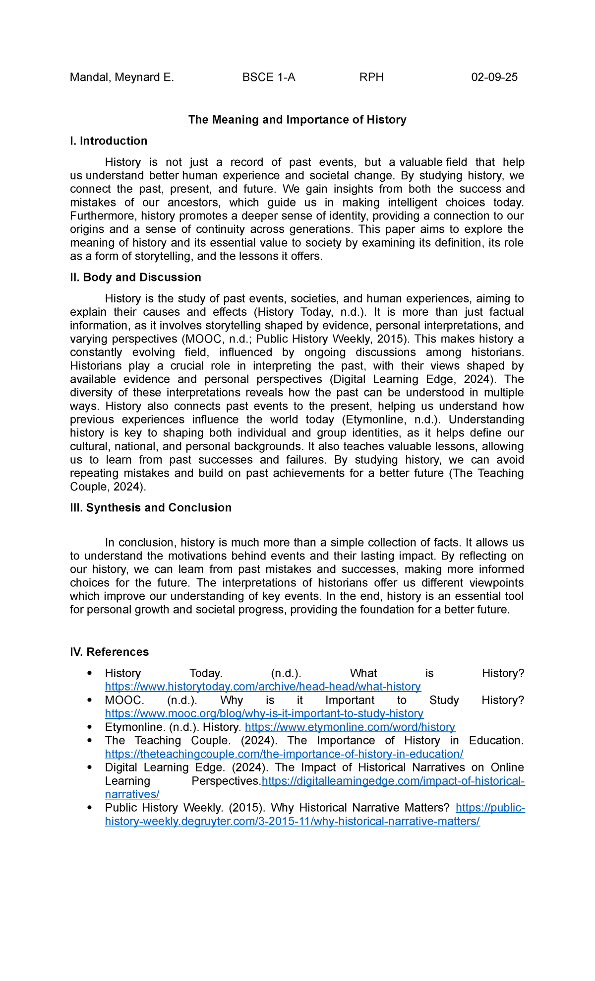 The Meaning and Importance of History- RPH 1 - Mandal, Meynard E. BSCE ...