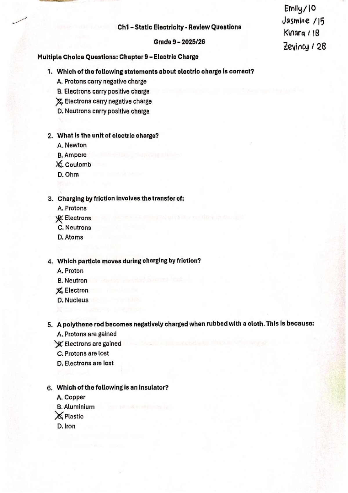 Grade 9 Physics: Ch1 Static Electricity Review Questions (2025-2026 ...