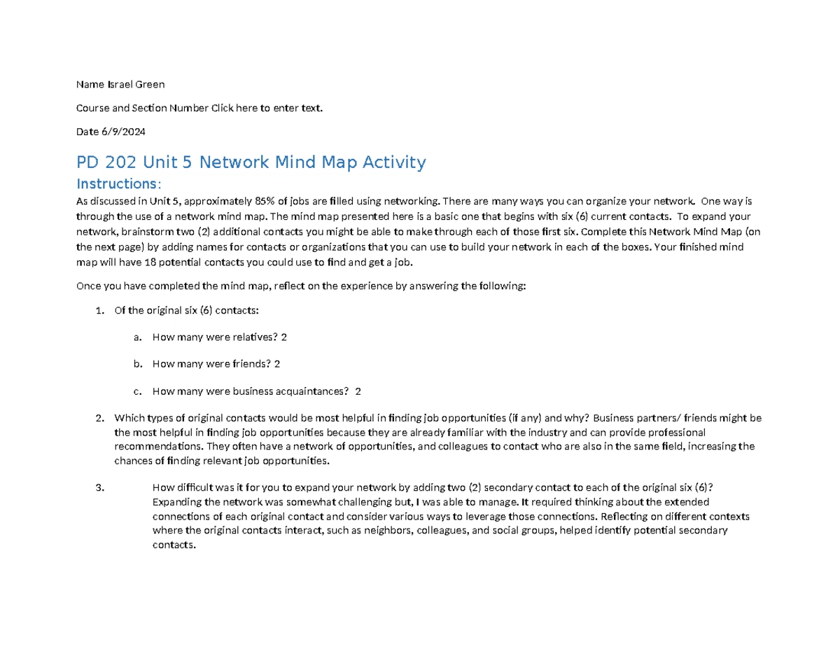 PD 202 Unit 5 Networking Mind Map Q&A and Reflection Activities - Studocu