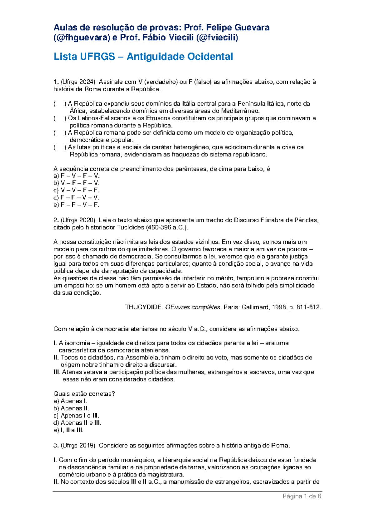Lista de Resolução de Provas: Antiguidade Ocidental 1 - UFRGS 2024 ...