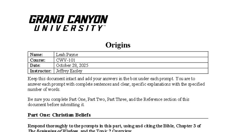 CWV 101 301 RS T2: Origins of the Universe and Christian Beliefs - Studocu