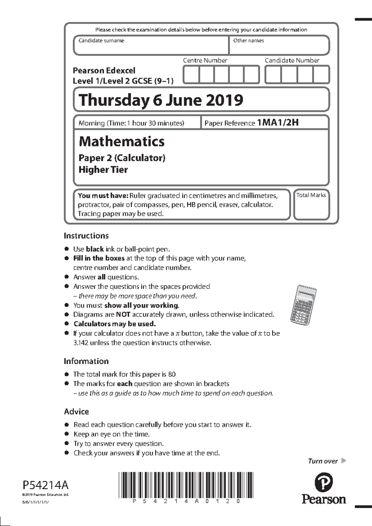 Maths Paper 2 (Calc) - Higher Tier Exam Notes 1MA1/2H - Studocu