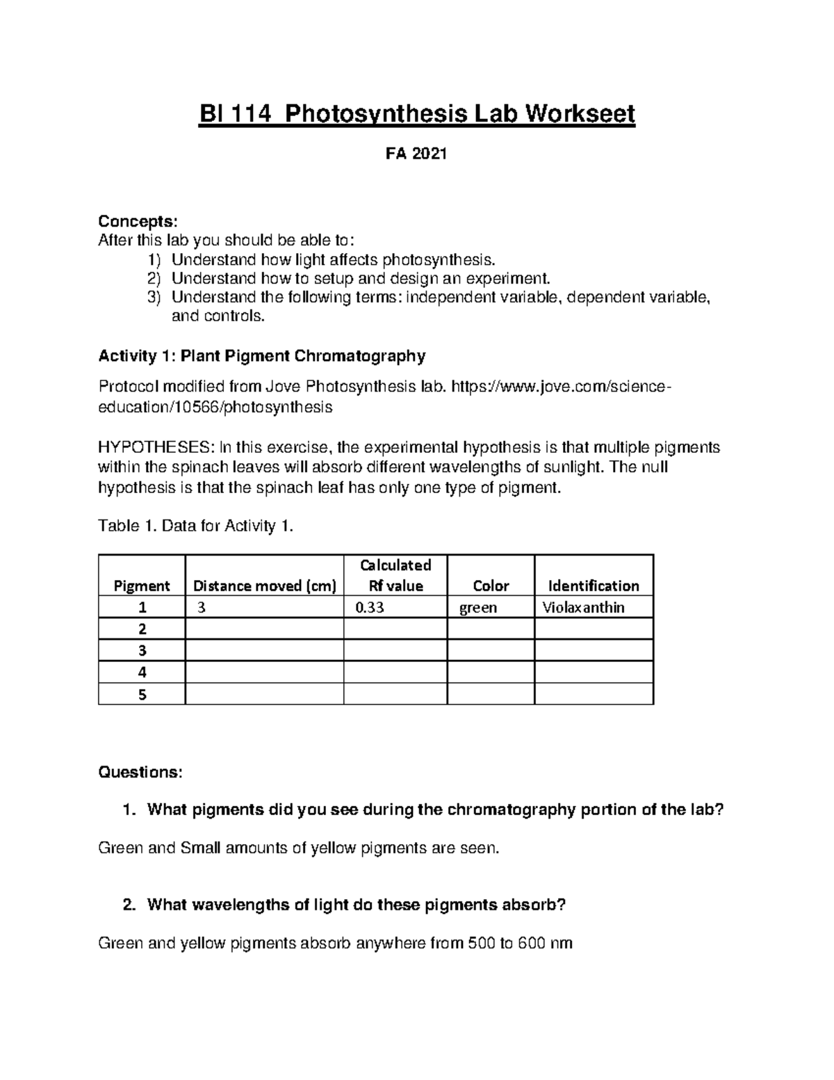 BI 114 Photosynthesis Lab Experiment Worksheet - FA 2021 - Studocu