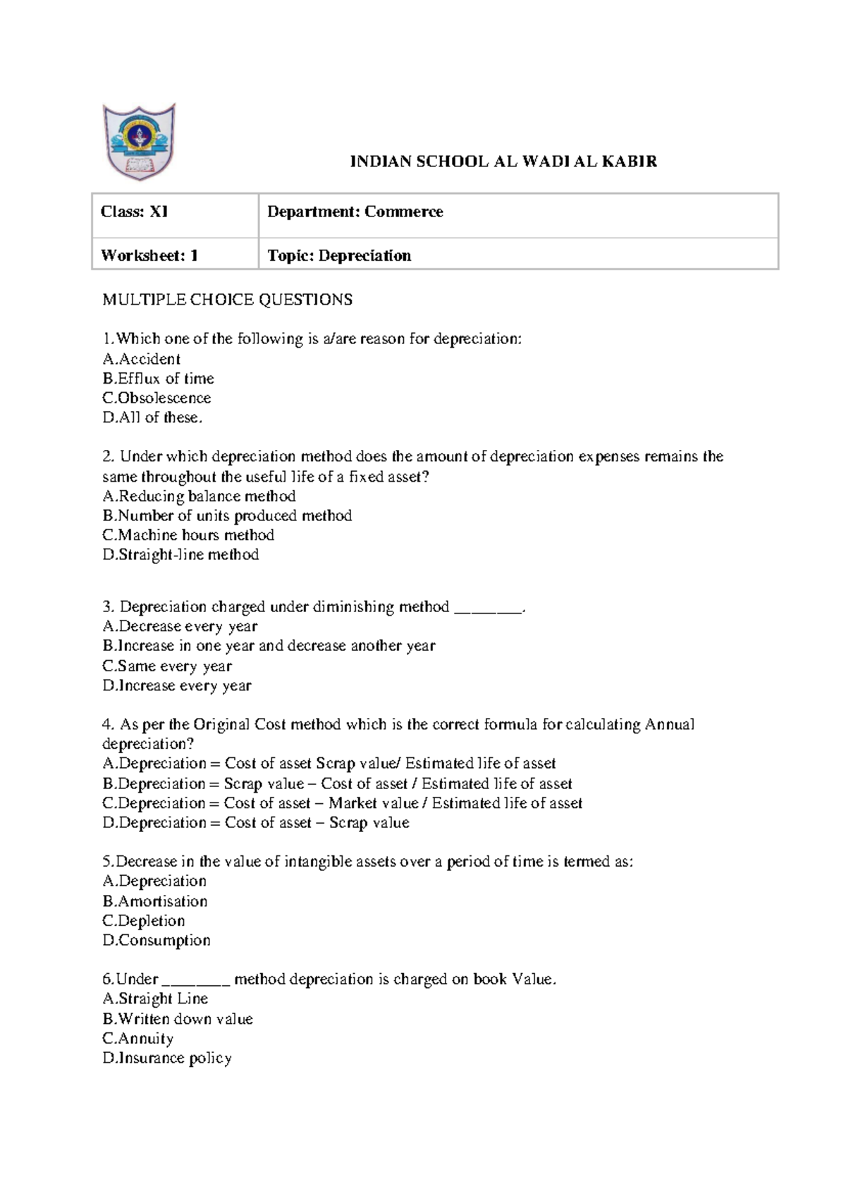 Depreciation MCQs & Numerical Problems - Class XI Commerce Worksheet ...