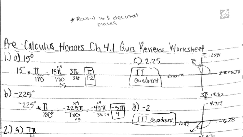 Pre-Calc Honors Ch 4.1 Quiz Review Worksheet - Studocu