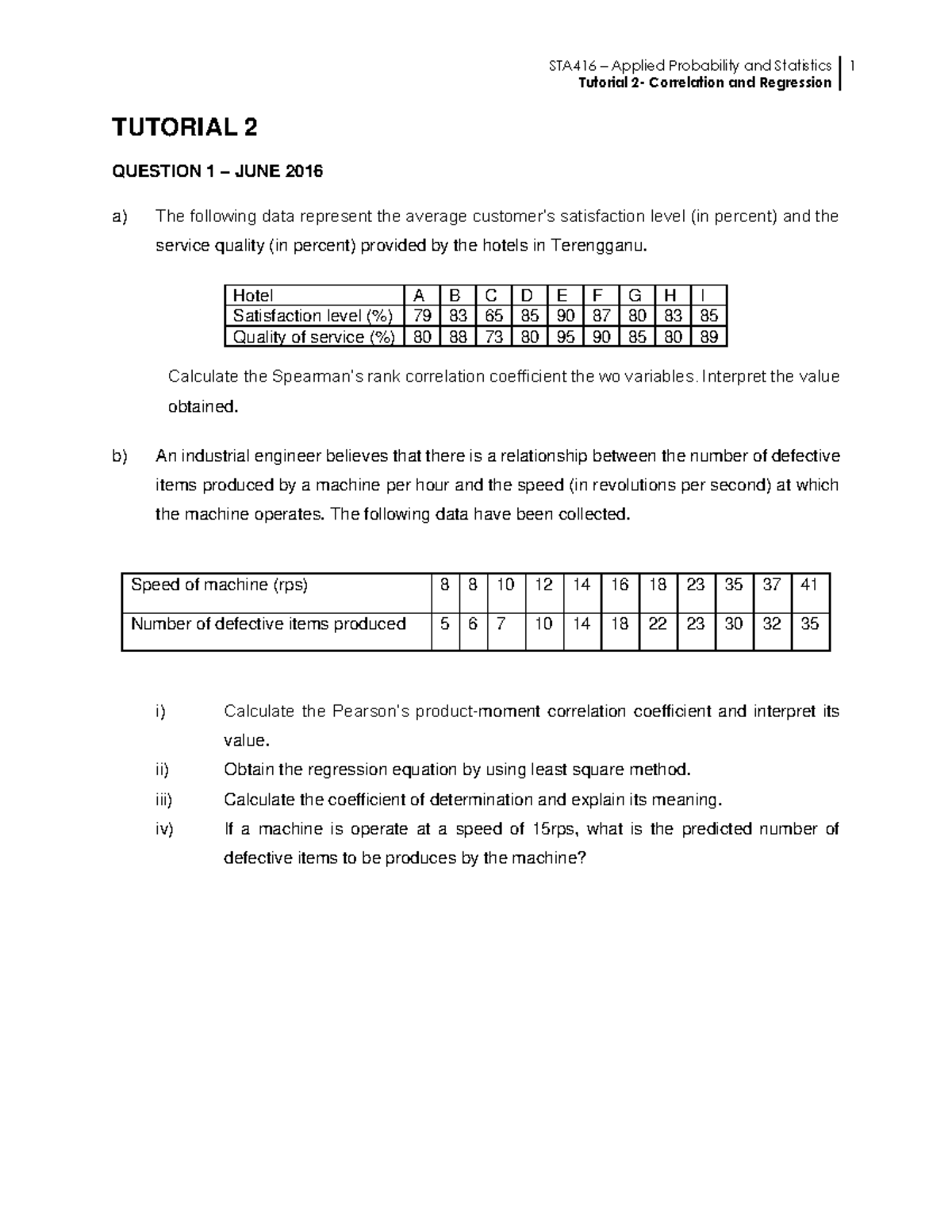 STA416 Applied Probability and Statistics Tutorial: Correlation & Regression - Studocu