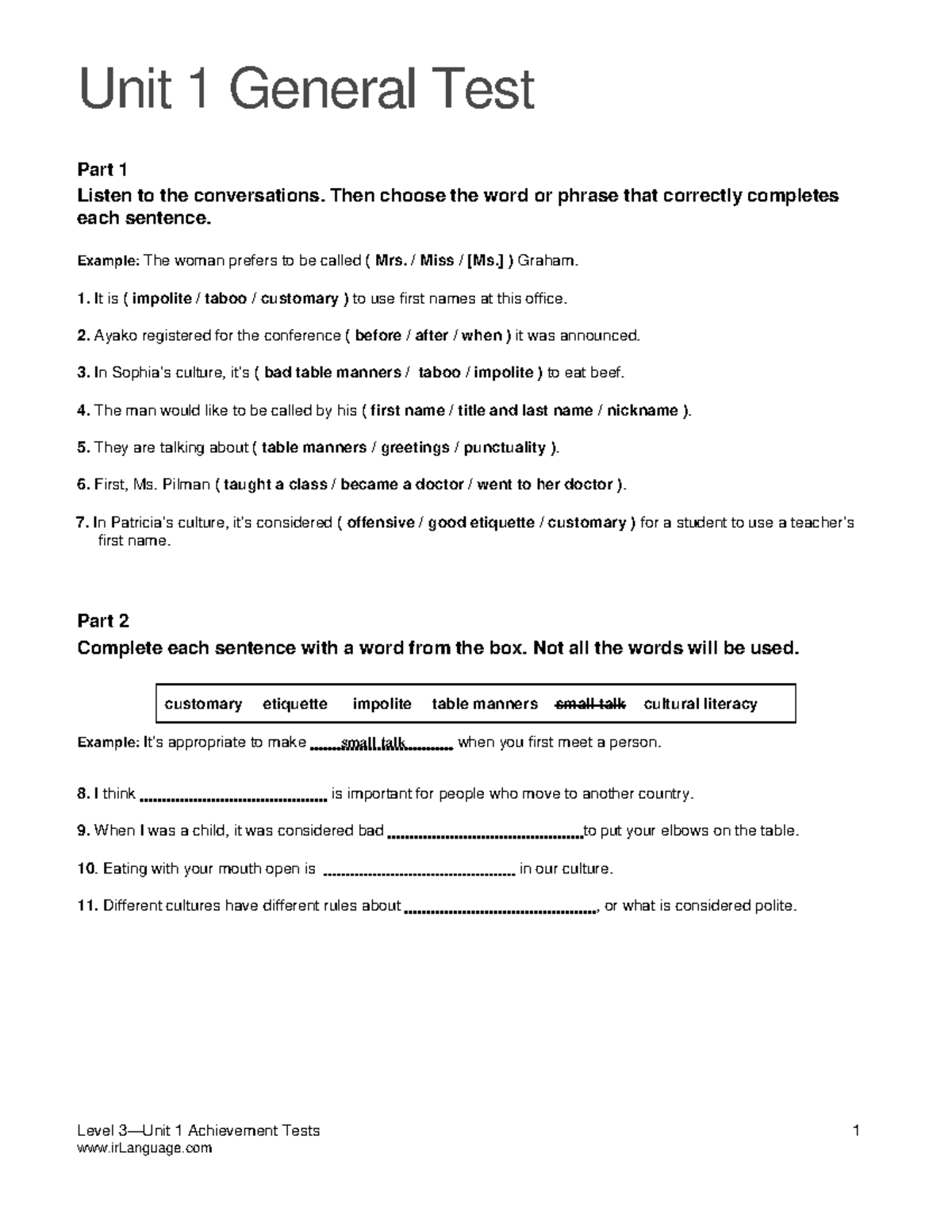 TN3 Unit 1 Assessment - dfsfsdf - Unit 1 General Test Level 3—Unit 1 ...