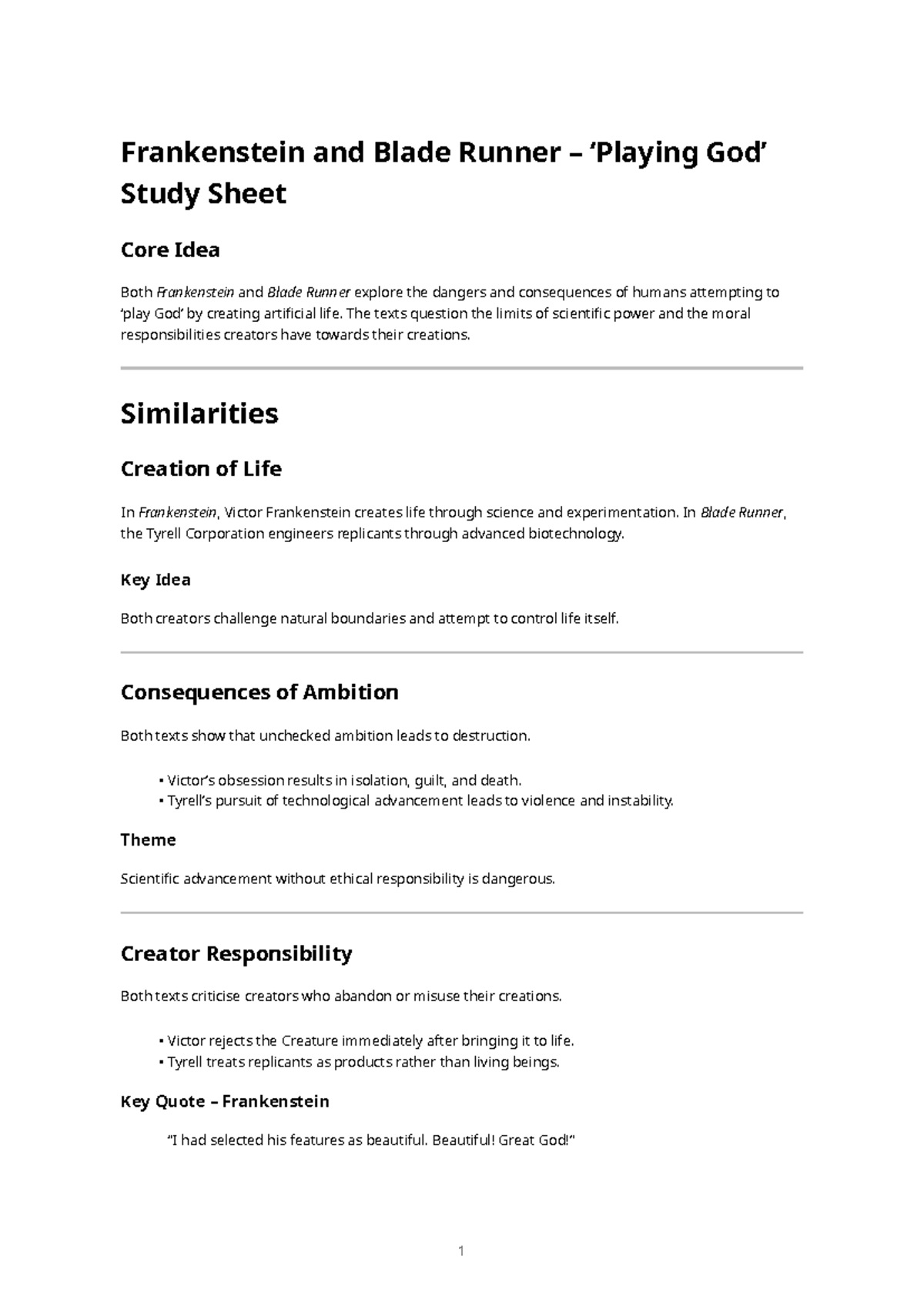 Frankenstein & Blade Runner: Playing God Study Sheet - Studocu