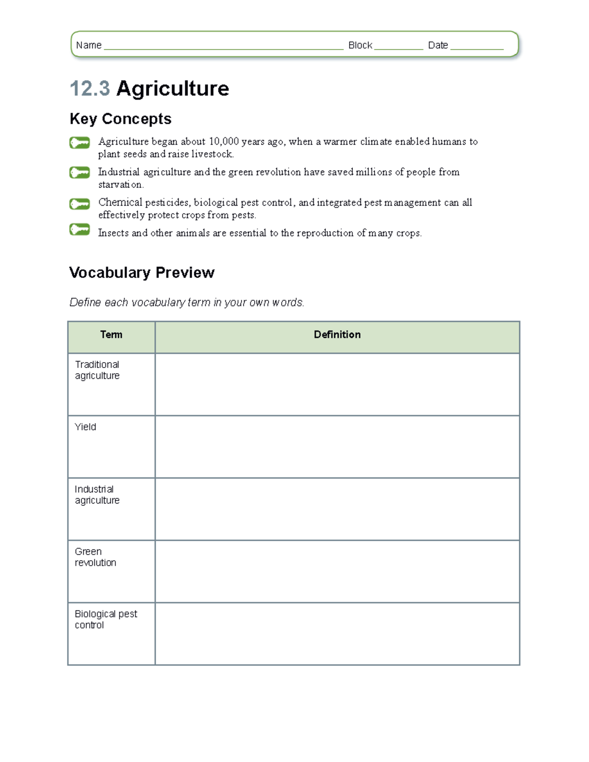 12-3 Agriculture(1) - none - Name Block Date 12 Agriculture Key ...