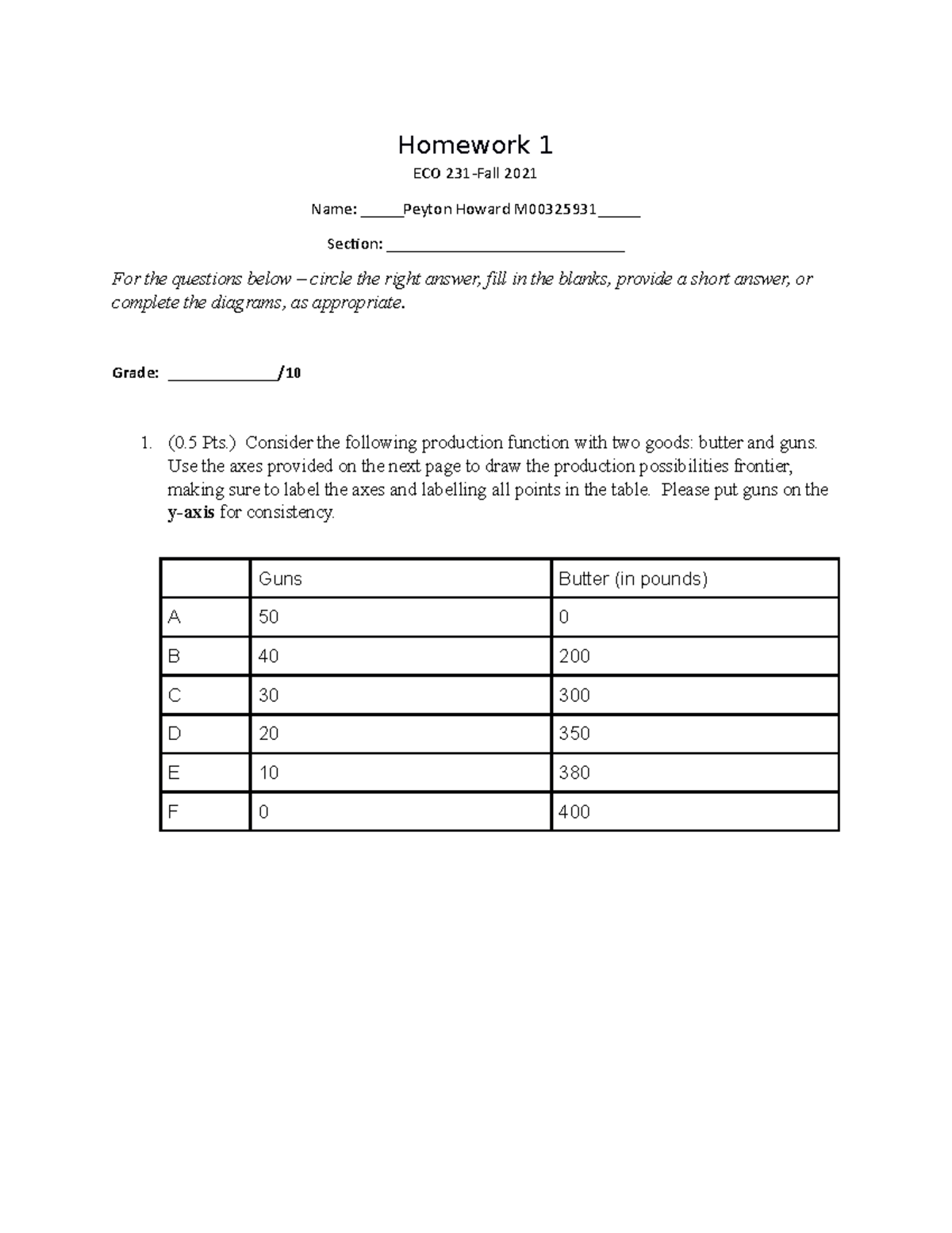 Econ 231-HW 1 - Homework 1 ECO 2021 Name: Howard Section: For the ...