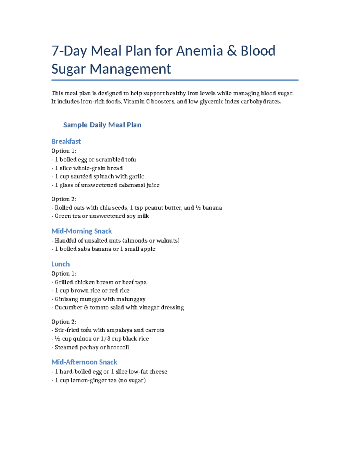 7-Day Meal Plan for Anemia & Blood Sugar Management - Studocu