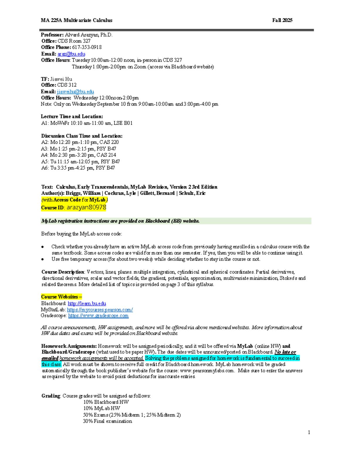 MA 225A Multivariate Calculus Syllabus Fall 2025 - Studocu