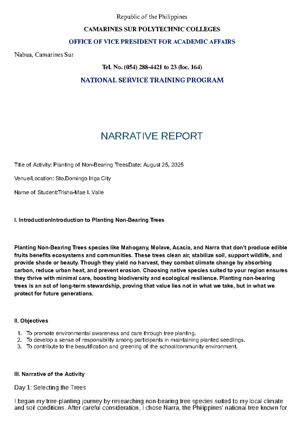 NSTP Narrative Report: Tree Planting Activity on Aug 25, 2025 - Studocu