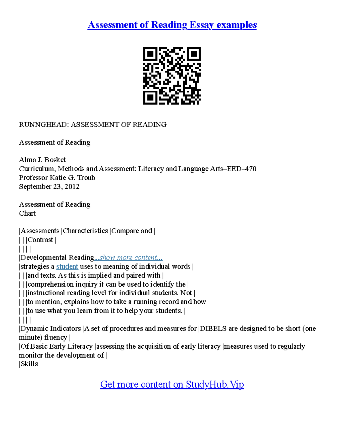 Essay Of Reading - Assessment of Reading Essay examples RUNNGHEAD ...