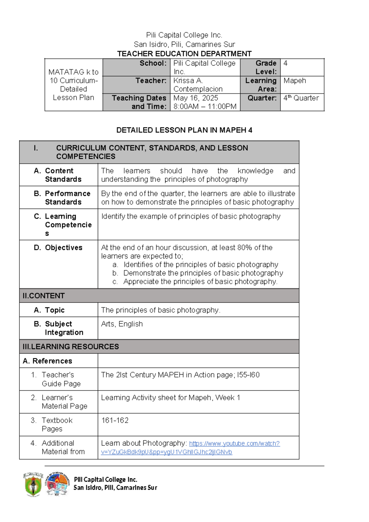 Detailed Lesson Plan in MAPEH 4: Principles of Basic Photography (TEED ...