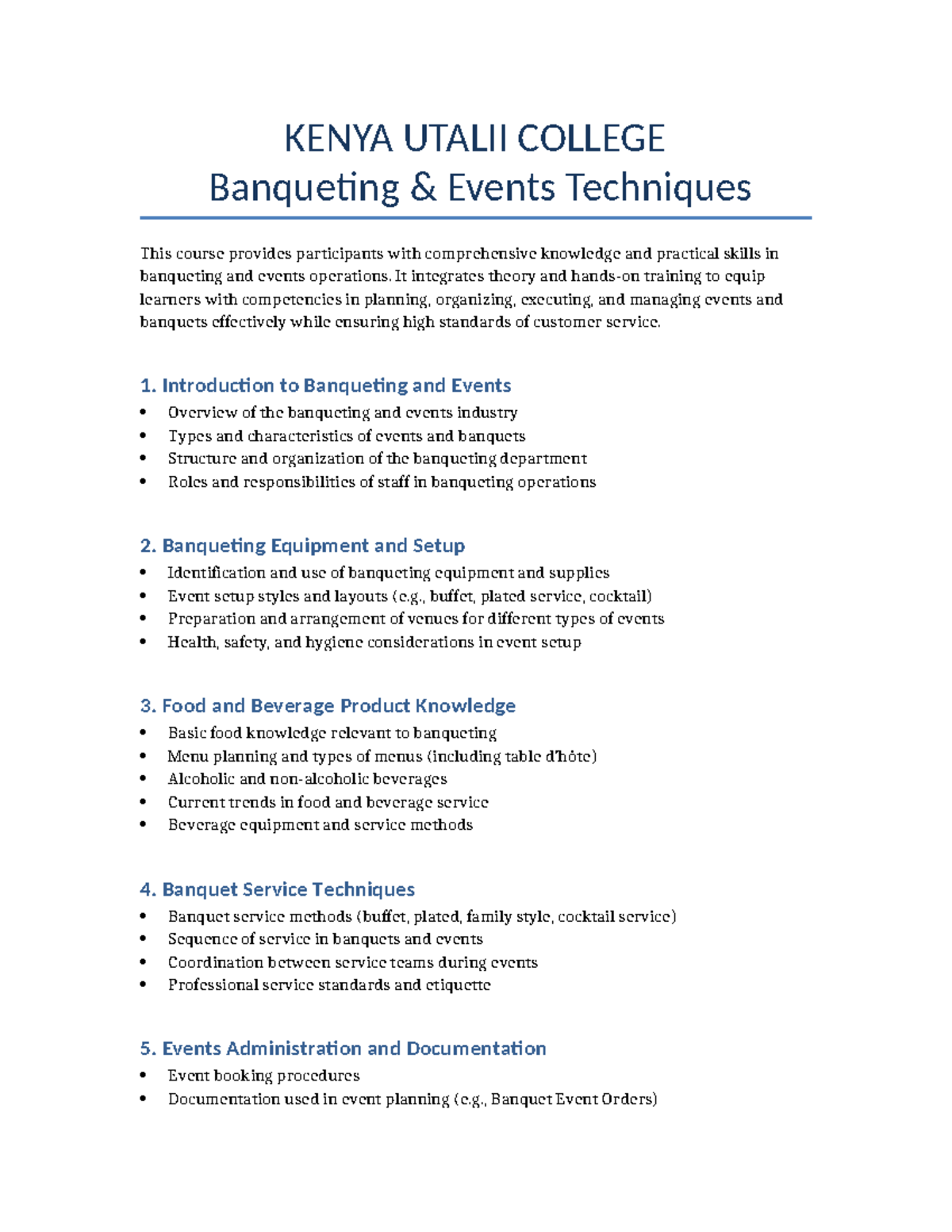 KENYA UTALII COLLEGE Banqueting Events Course Outline and Synopsis ...
