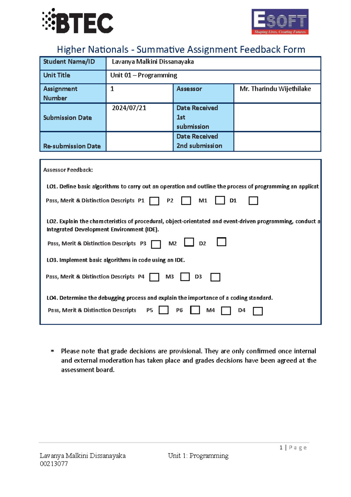 Unit-01 Programming Assignment 2024 - 1 | P a g e Lavanya Malkini Dissanayaka Unit 1 ...